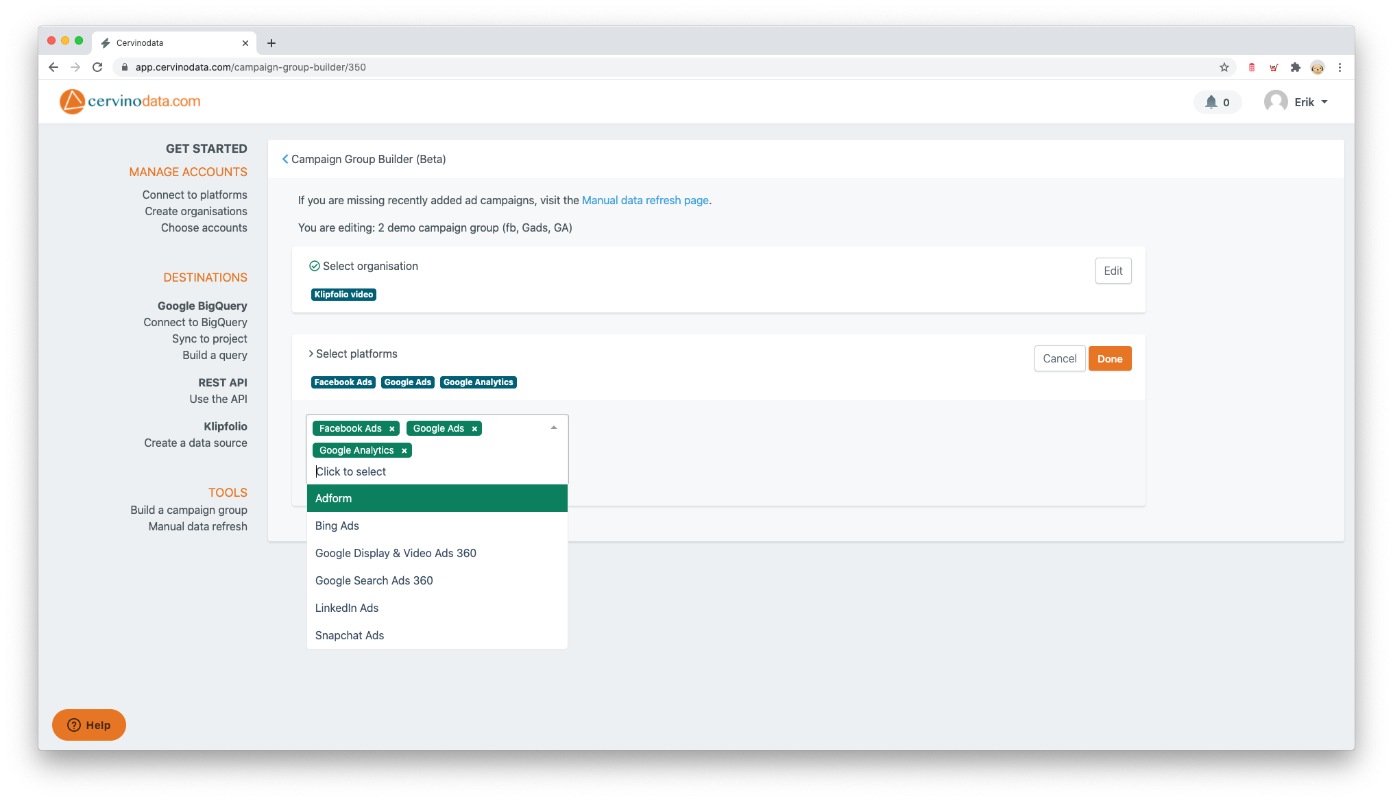 filter campaigns multiple platforms - Cervinodata.com