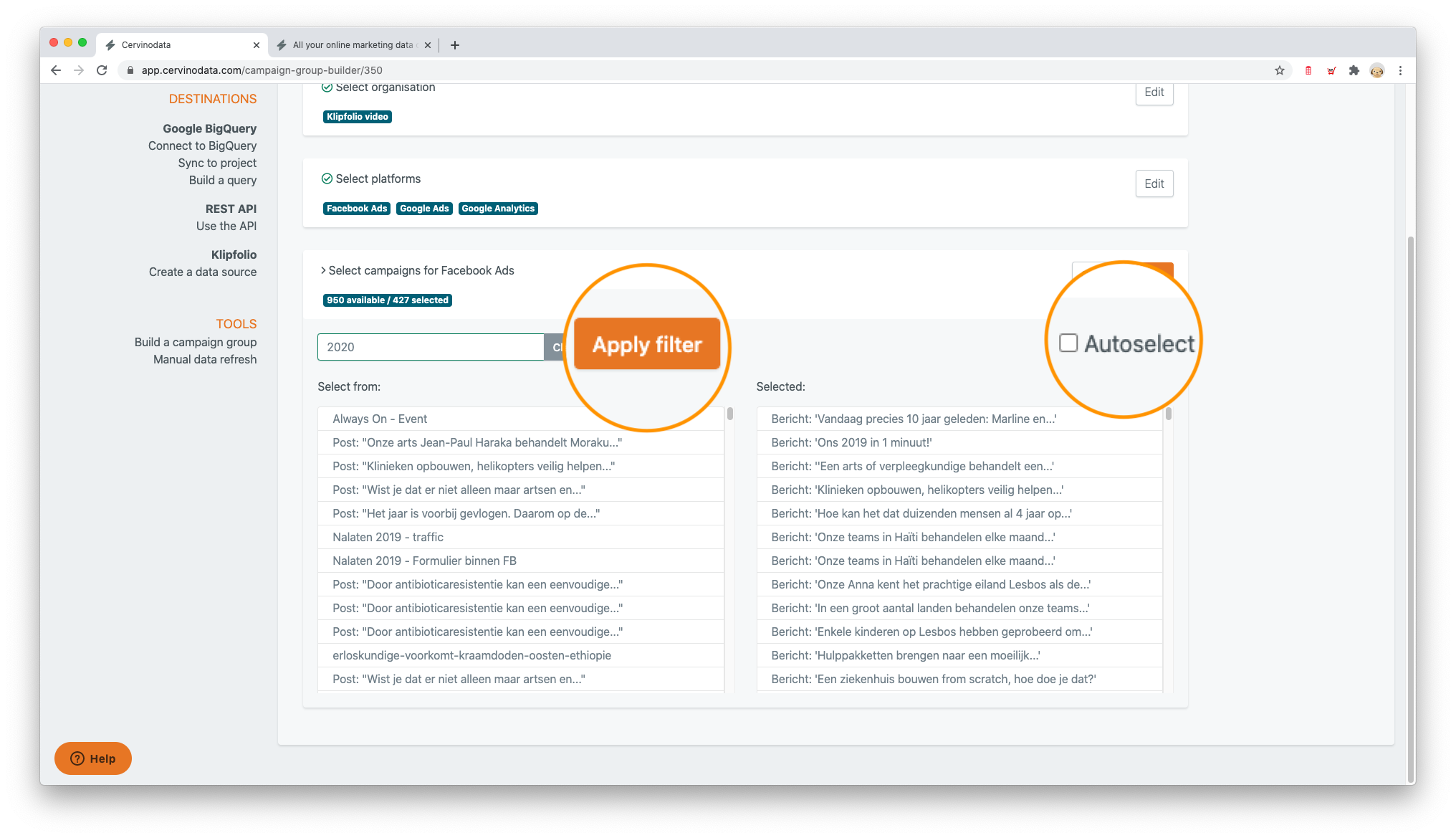 filter campaigns multiple platforms - Cervinodata.com